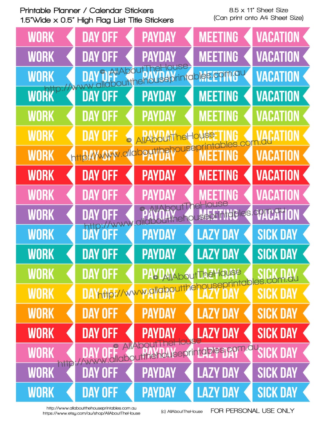 Work Flag Planner Stickers Printable Day Off, Sick Day, Vacation ...
