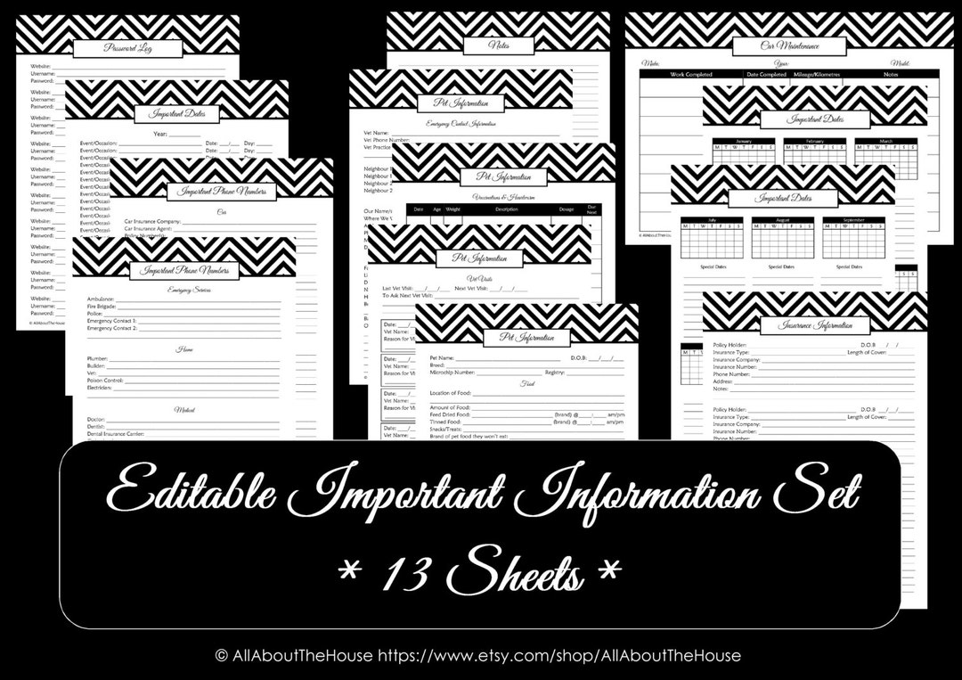 LIGHT BLUE EDITABLE Important Information Printable Home Organisation ...