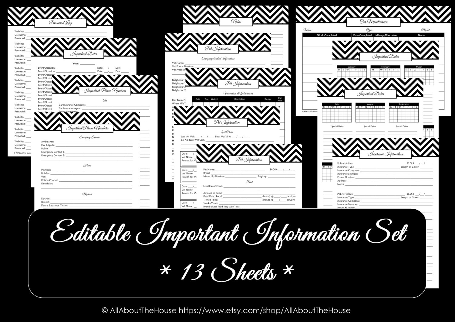 BLACK EDITABLE Important Information Printable Home - Etsy Australia