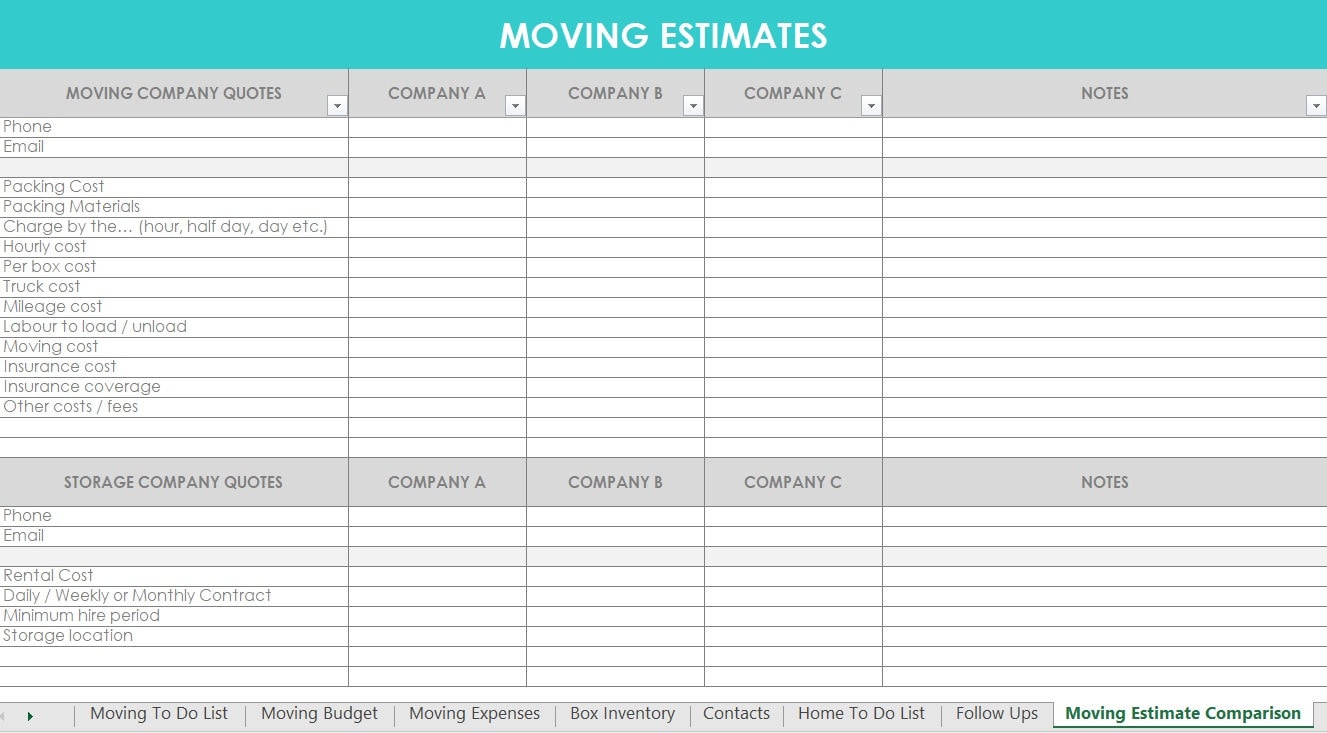 Moving Spreadsheet Planner Checklist Box Labels Budget Change of ...