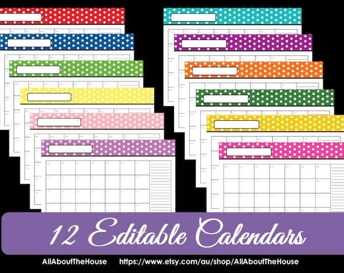 EDITABLE 12 Polka Dot Calendars You Choose 2015 2016 and - Etsy