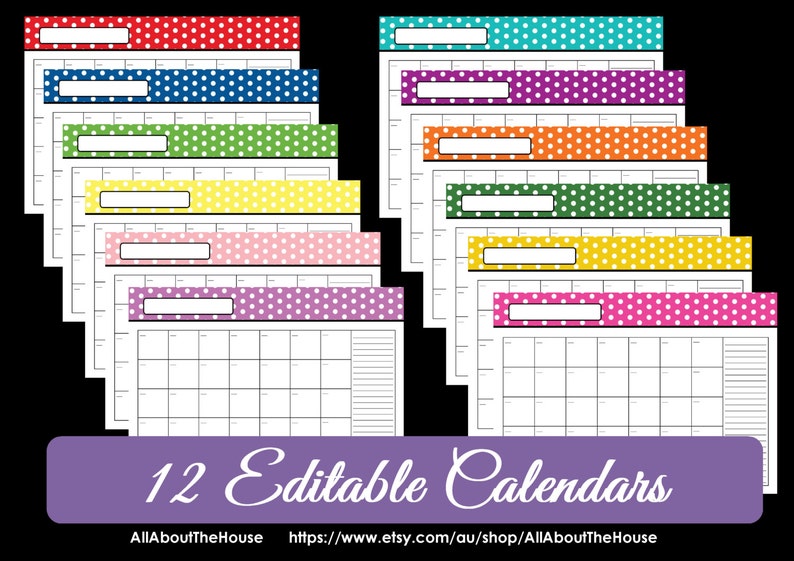 EDITABLE 12 Polka Dot Calendars - You Choose - 2015, 2016 and Beyond ...