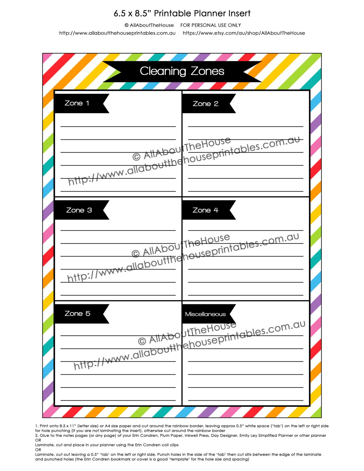 Planner Insert Cleaning Zones Schedule Printable Rainbow 6.5 x | Etsy
