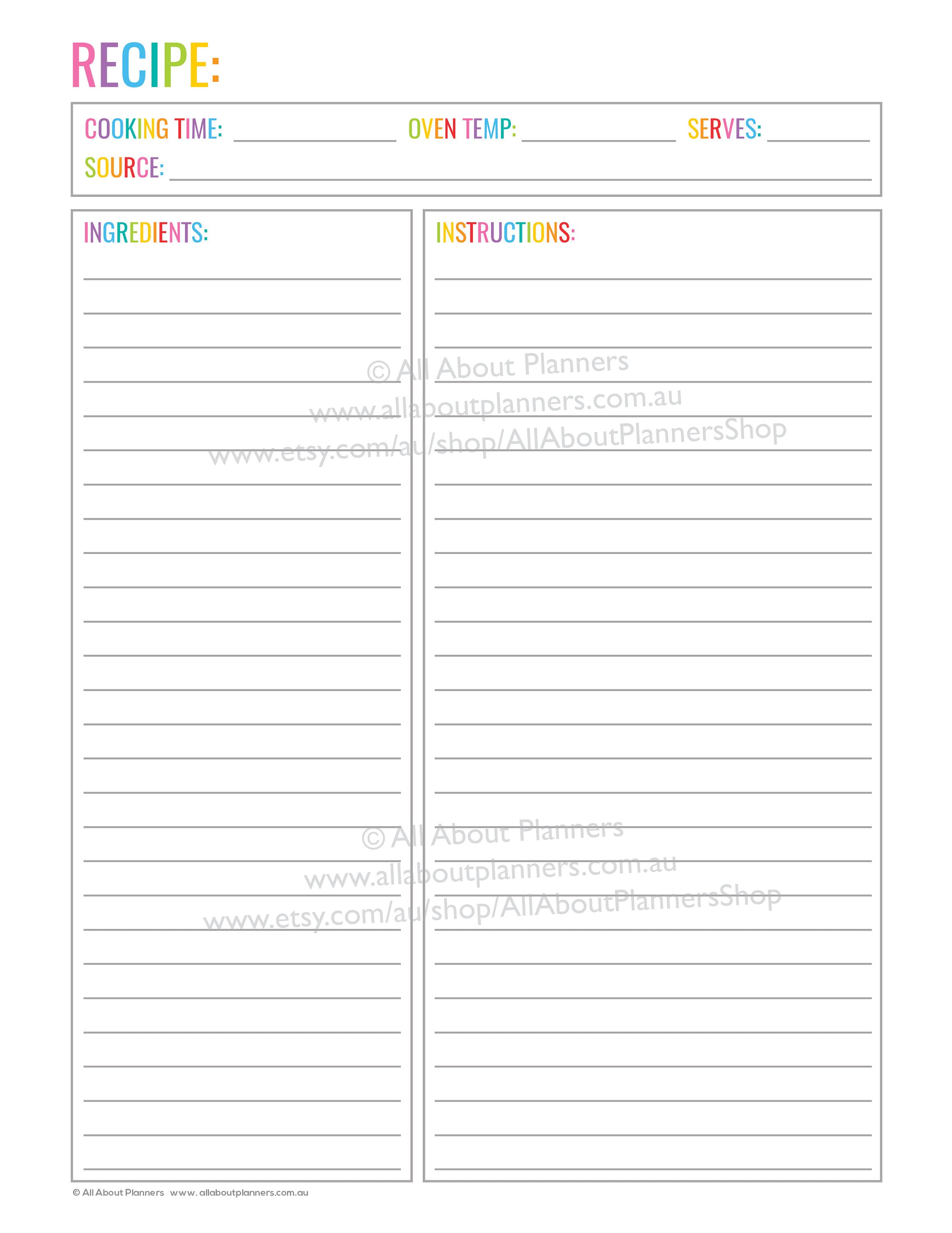 EDITABLE Printable Recipe Card, Template, Pdf, Sheet, Recipe Page ...