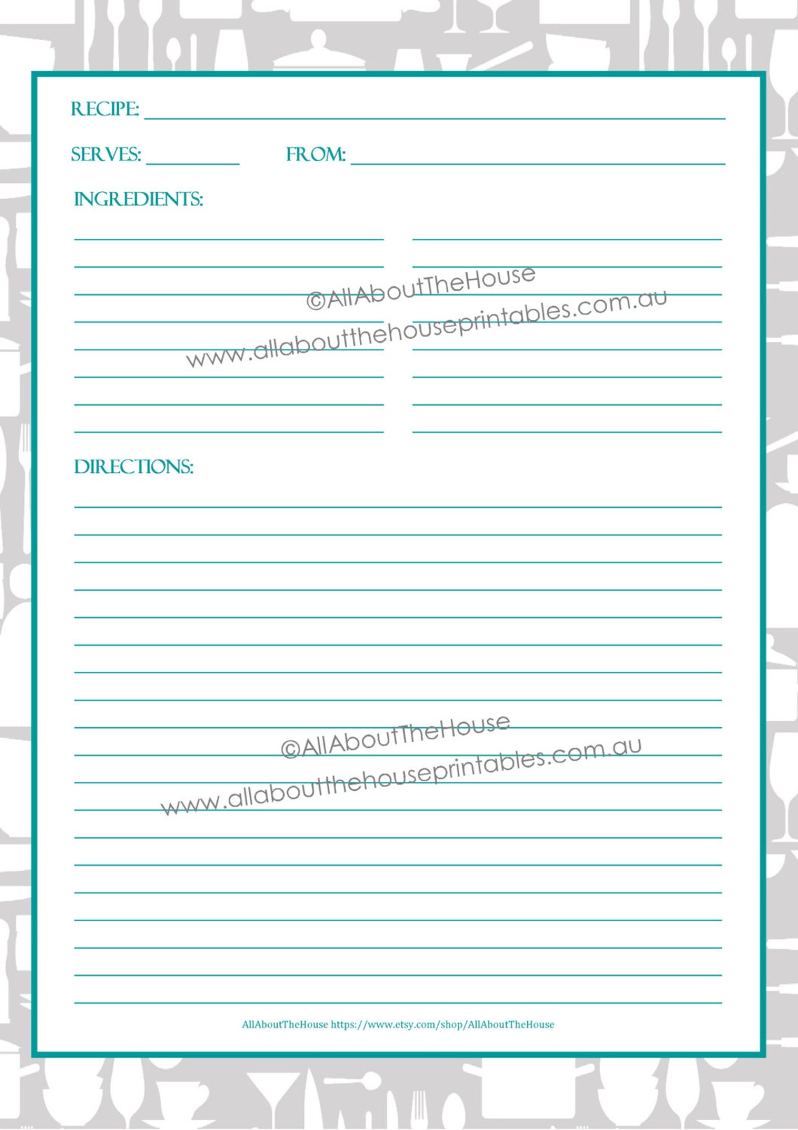 Recipe Binder Printables Recipe Sheet Recipe Card kichen | Etsy