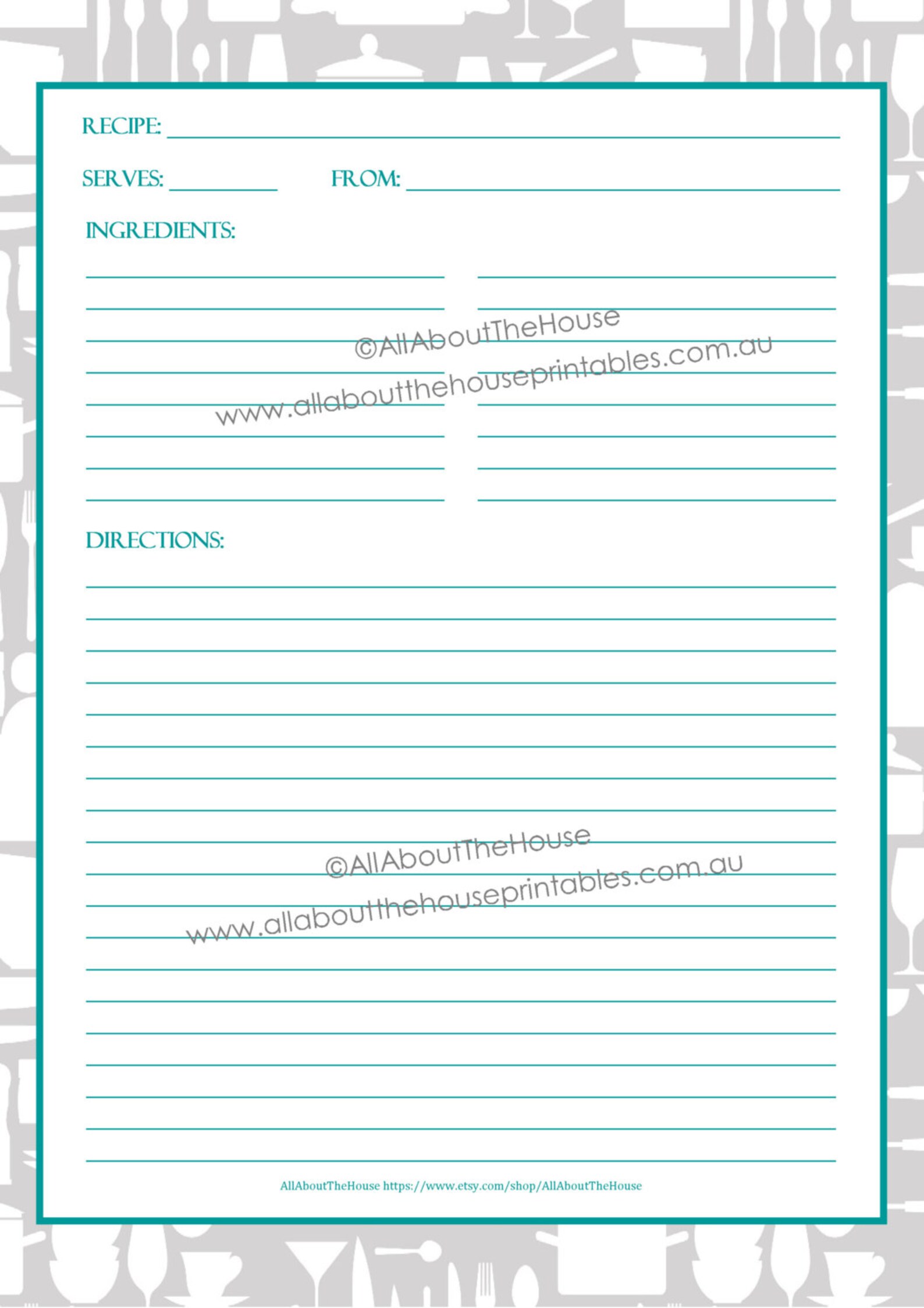 Recipe Binder Printables Recipe Sheet Recipe Card kichen | Etsy