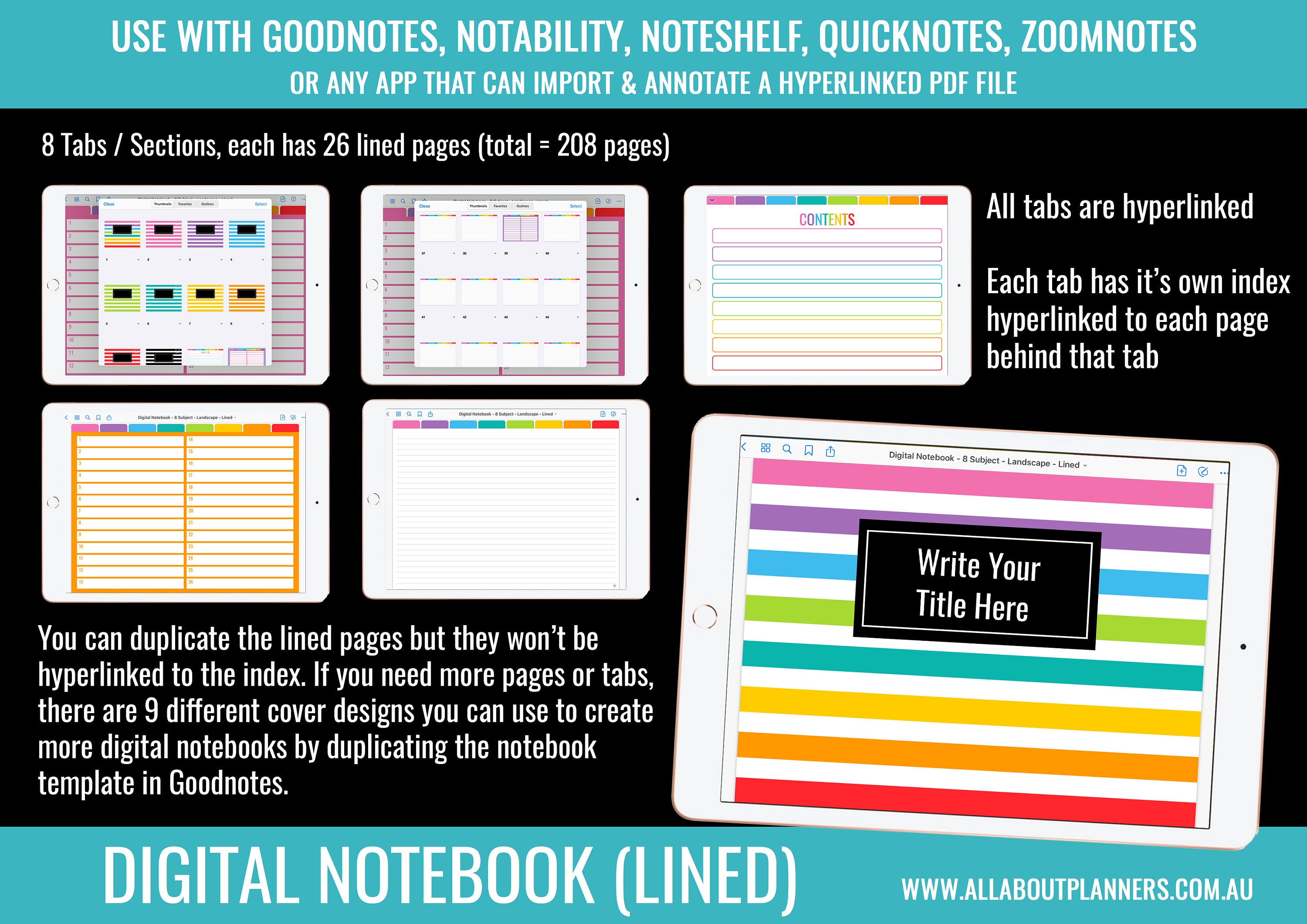 8 subject / tabs Notability..etc; template; grid paper; hyperlinked ...