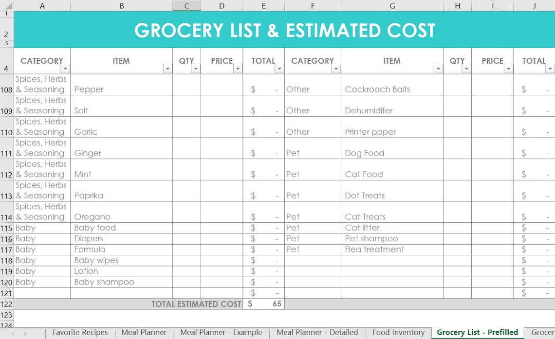 Grocery List Excel Spreadsheet or Use in Google Sheets or Numbers Mac ...