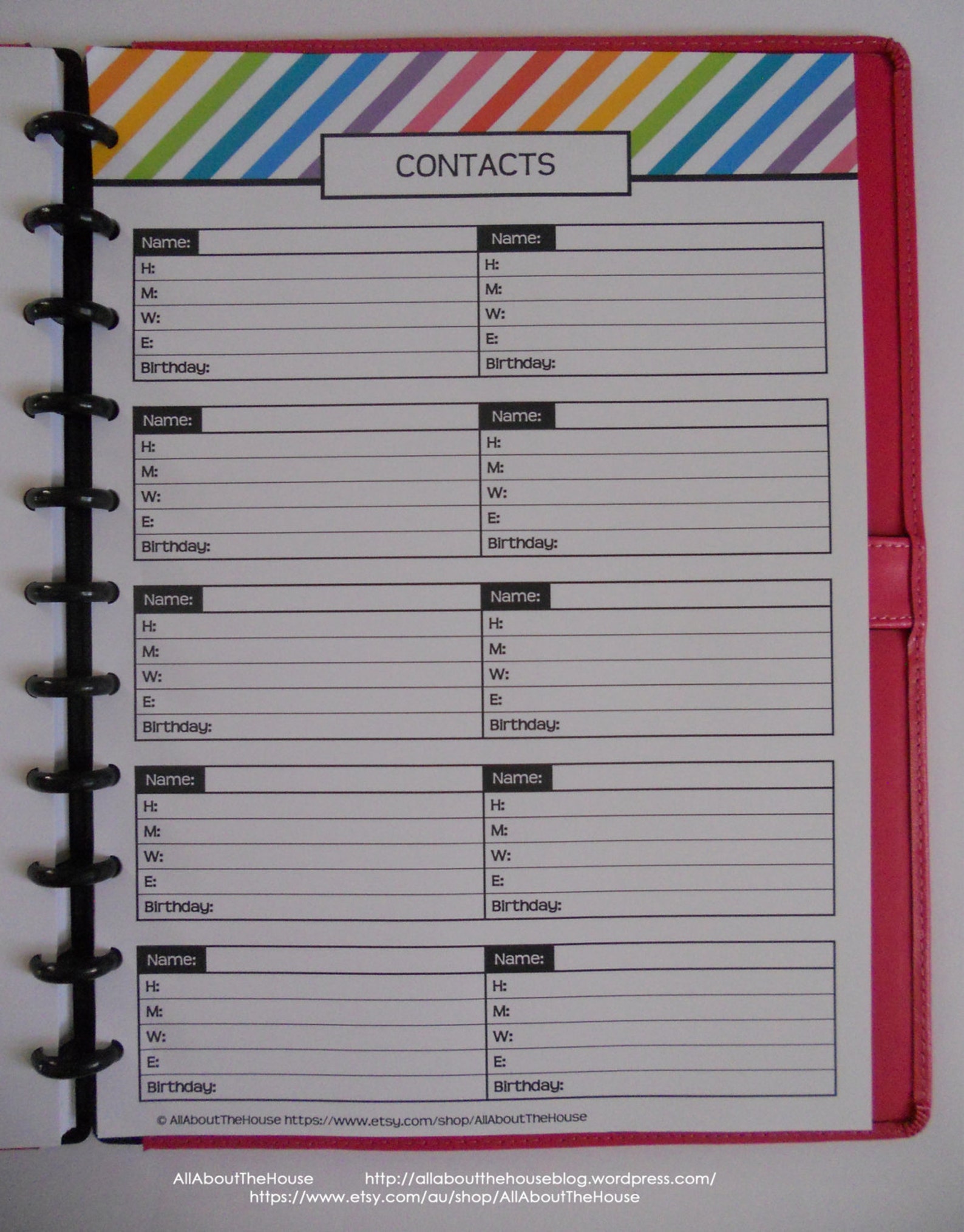 Contacts Printable Rainbow Stripe PDF Editable Fillable Household ...