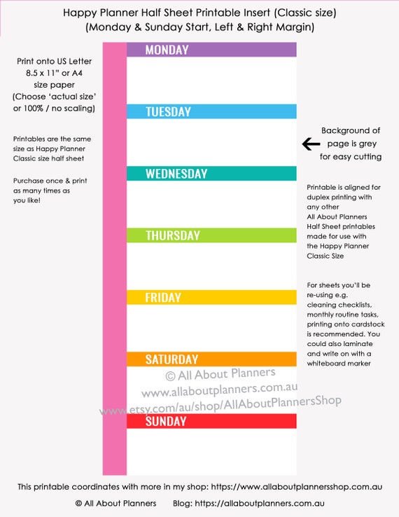 Happy Planner Half Sheet weekly planner printable insert monday start ...