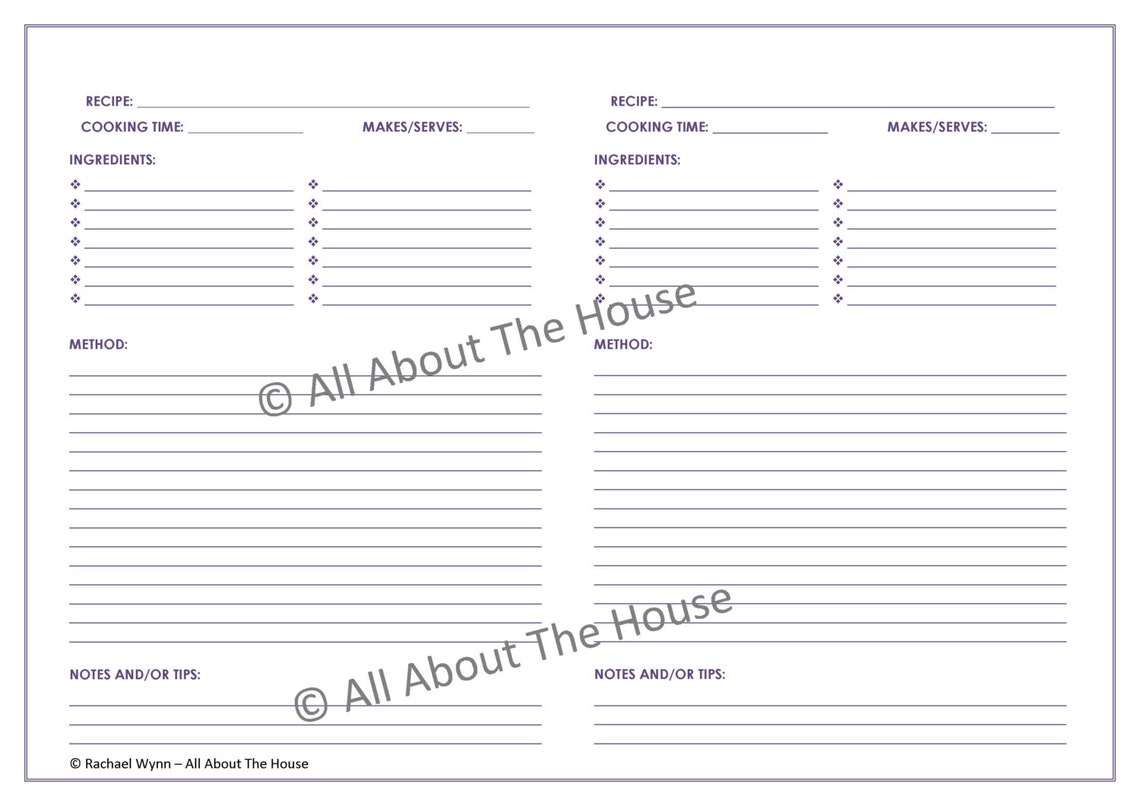 EDITABLE Printable Recipe Sheets Template Meal Planning Product Number ...