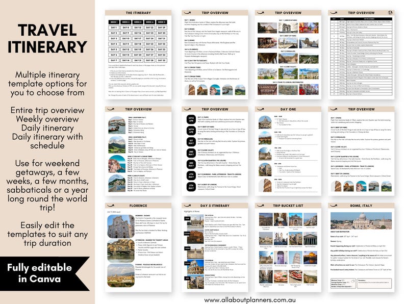 Travel Itinerary Template Canva Vacation Planner Printable Travel Agent ...