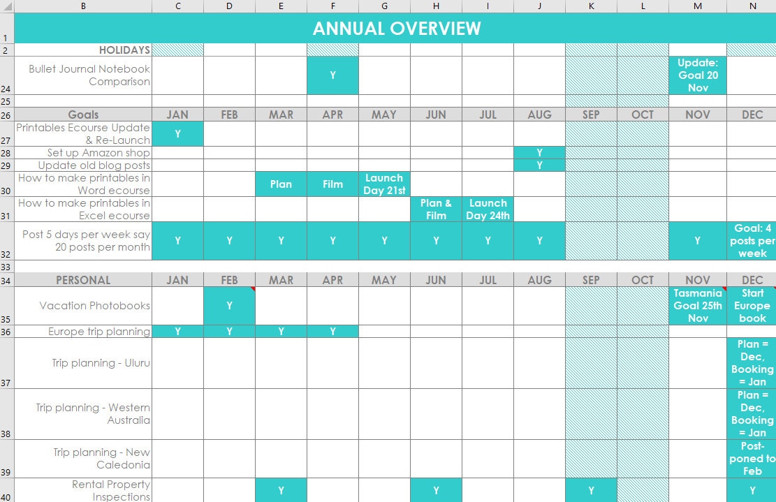 Annual Overview Spreadsheet Excel Routine Task Goals Google - Etsy