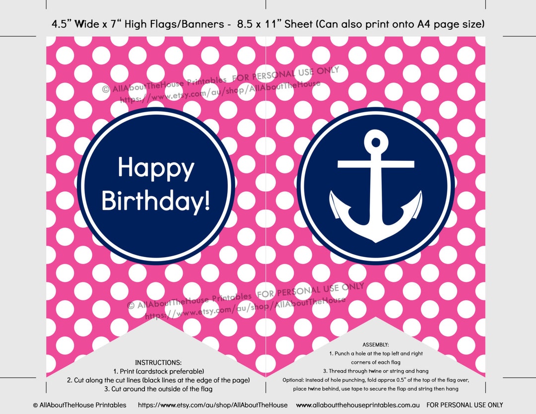 Nautical Party Banner Printable, Bunting, Flag, Girl, Birthday, Navy ...