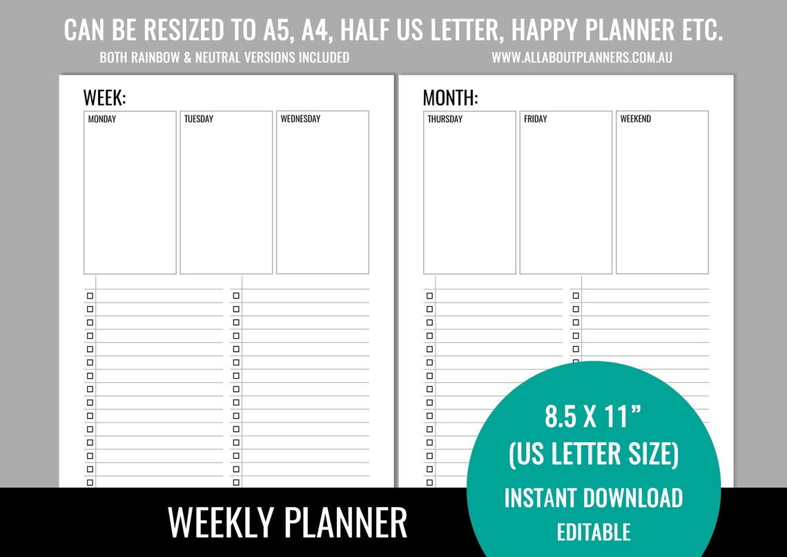 Weekly planner printable editable monday start checklist | Etsy