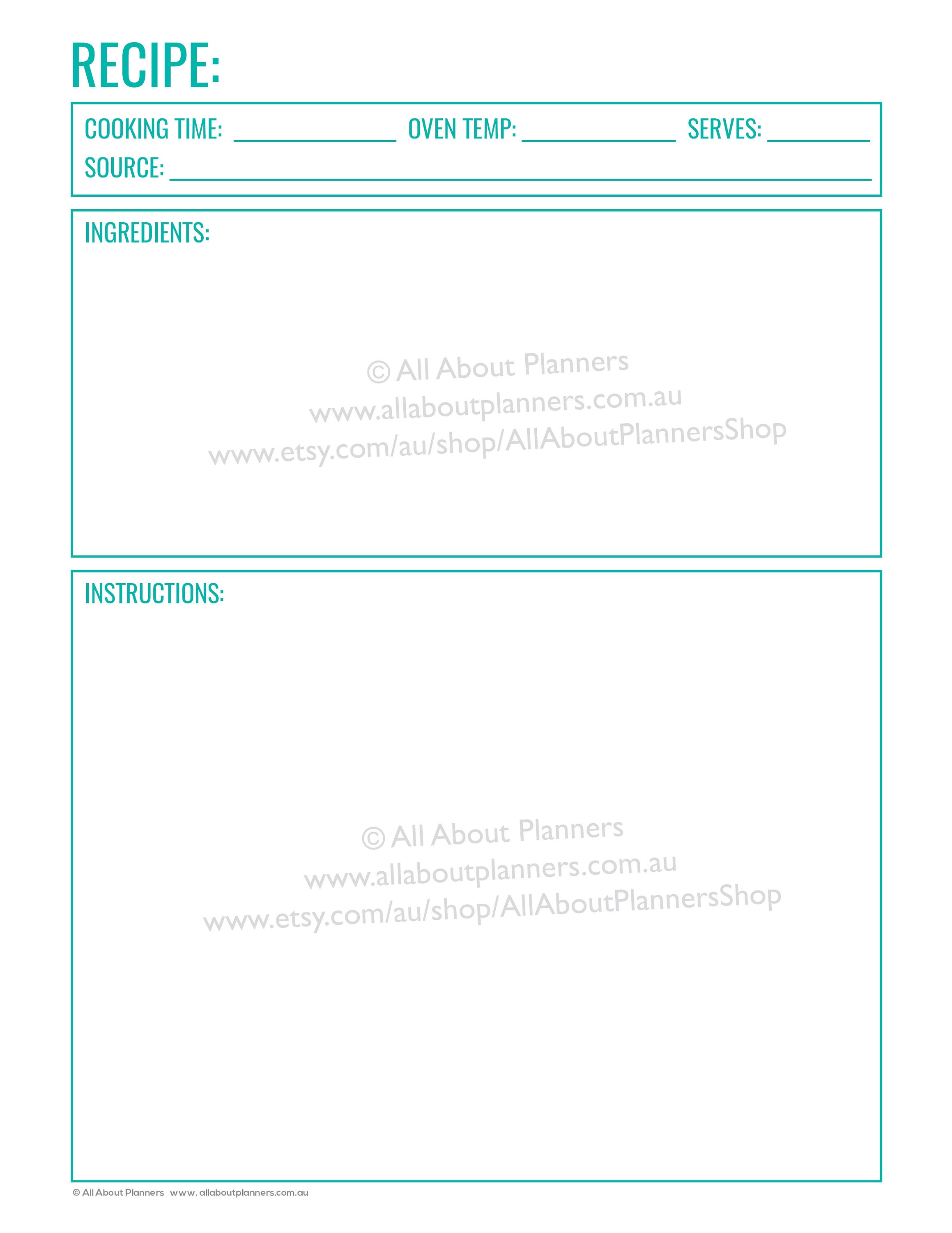 EDITABLE Printable Recipe Card, Template, Pdf, Sheet, Recipe Page ...