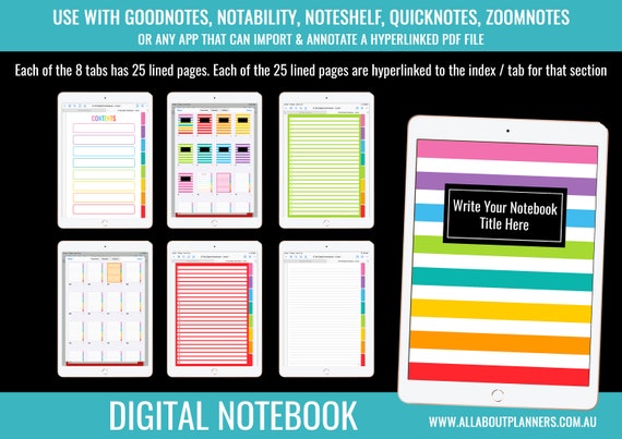 Goodnotes digital notebook 8 subject tabs hyperlinked rainbow lined ...