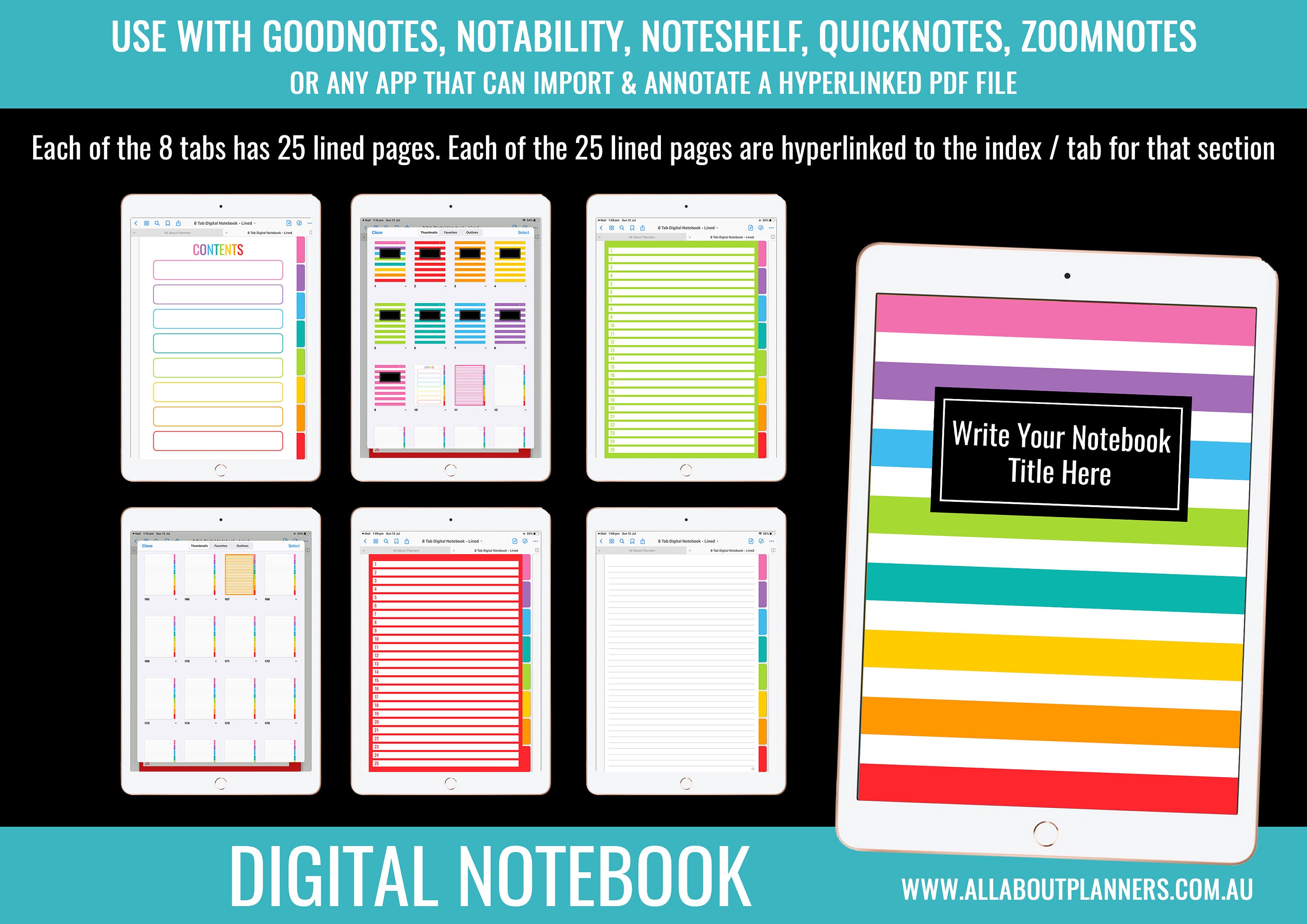 Goodnotes digital notebook 8 subject tabs hyperlinked rainbow | Etsy