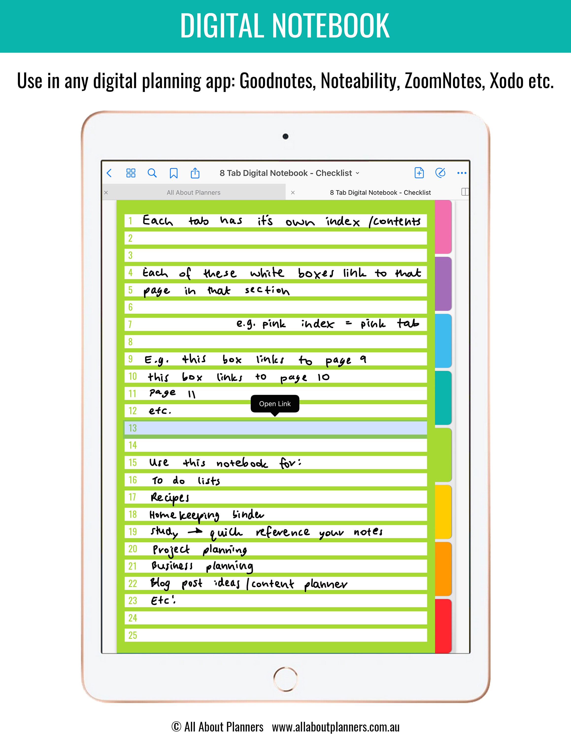 Goodnotes Checklist Notebook journal to do list 8 subject tabs | Etsy