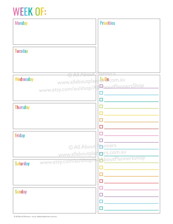 Weekly planner printable editable 1 page rainbow checklist cleaning ...