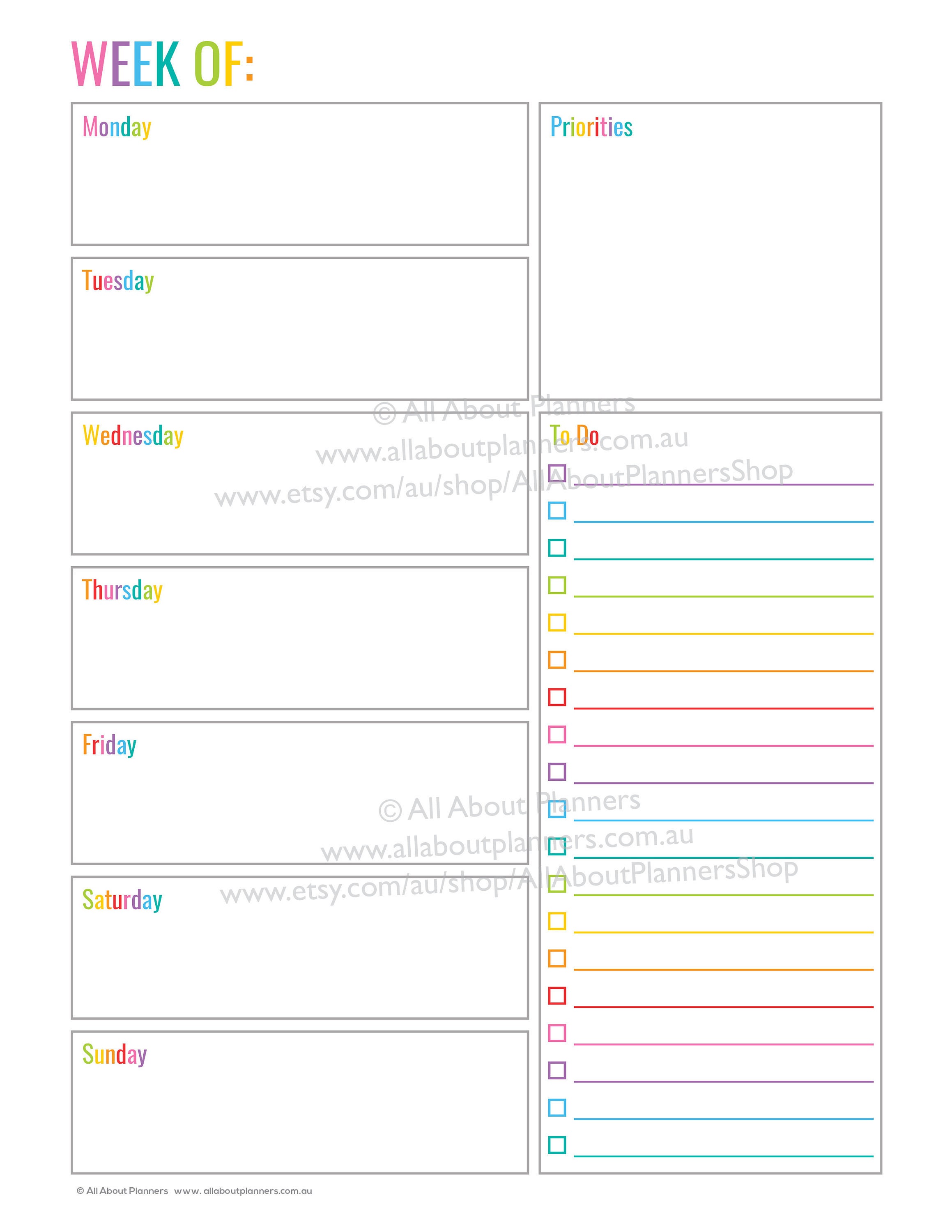 Weekly planner printable editable 1 page rainbow checklist | Etsy