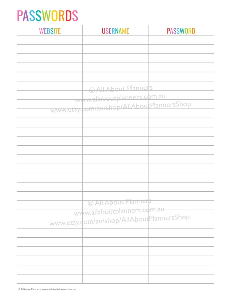 Password Log Planner Editable Printable Calendar Insert List - Etsy