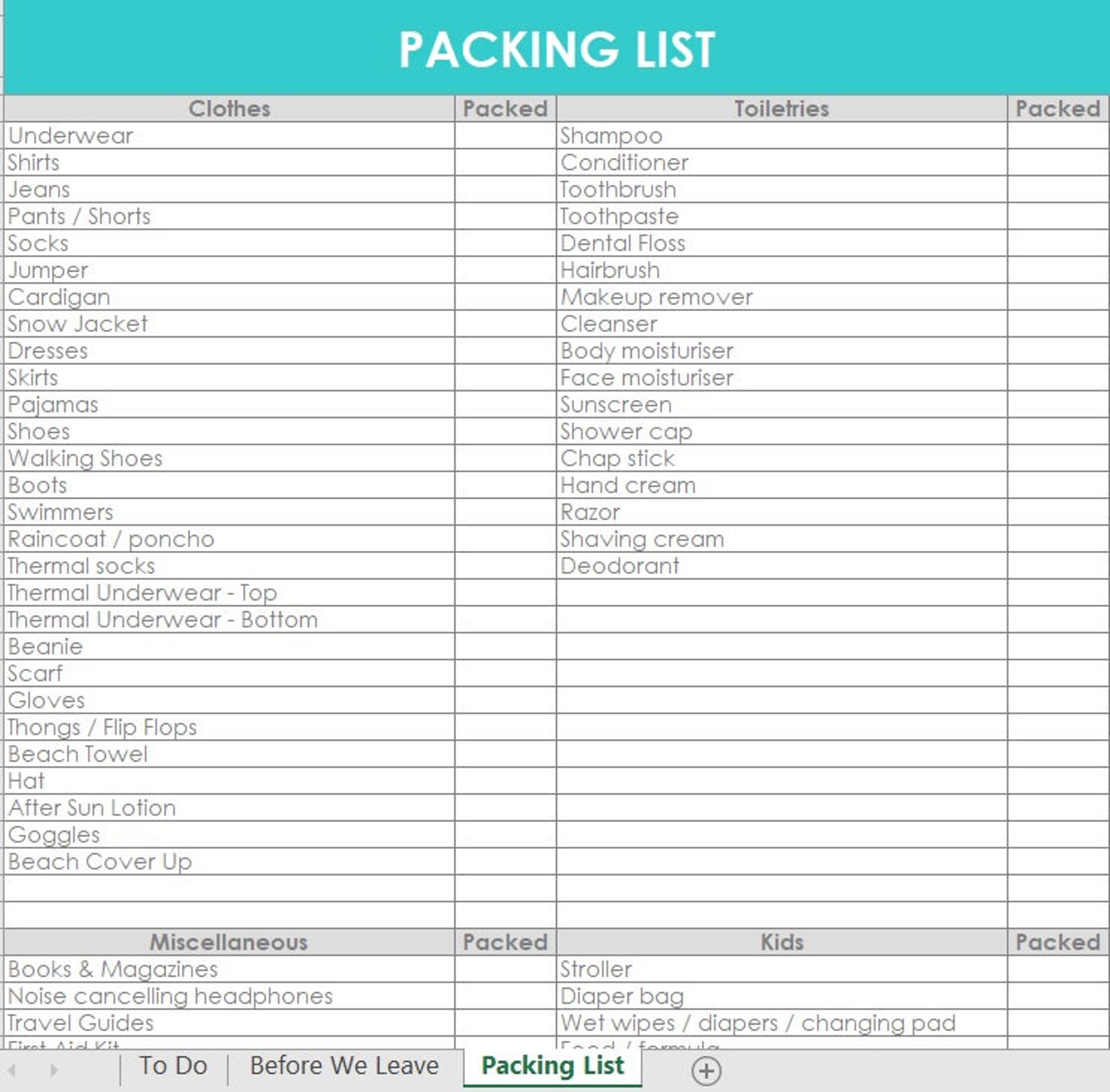 Packing List Travel Planner Excel Spreadsheets Itinerary Monthly by Day ...