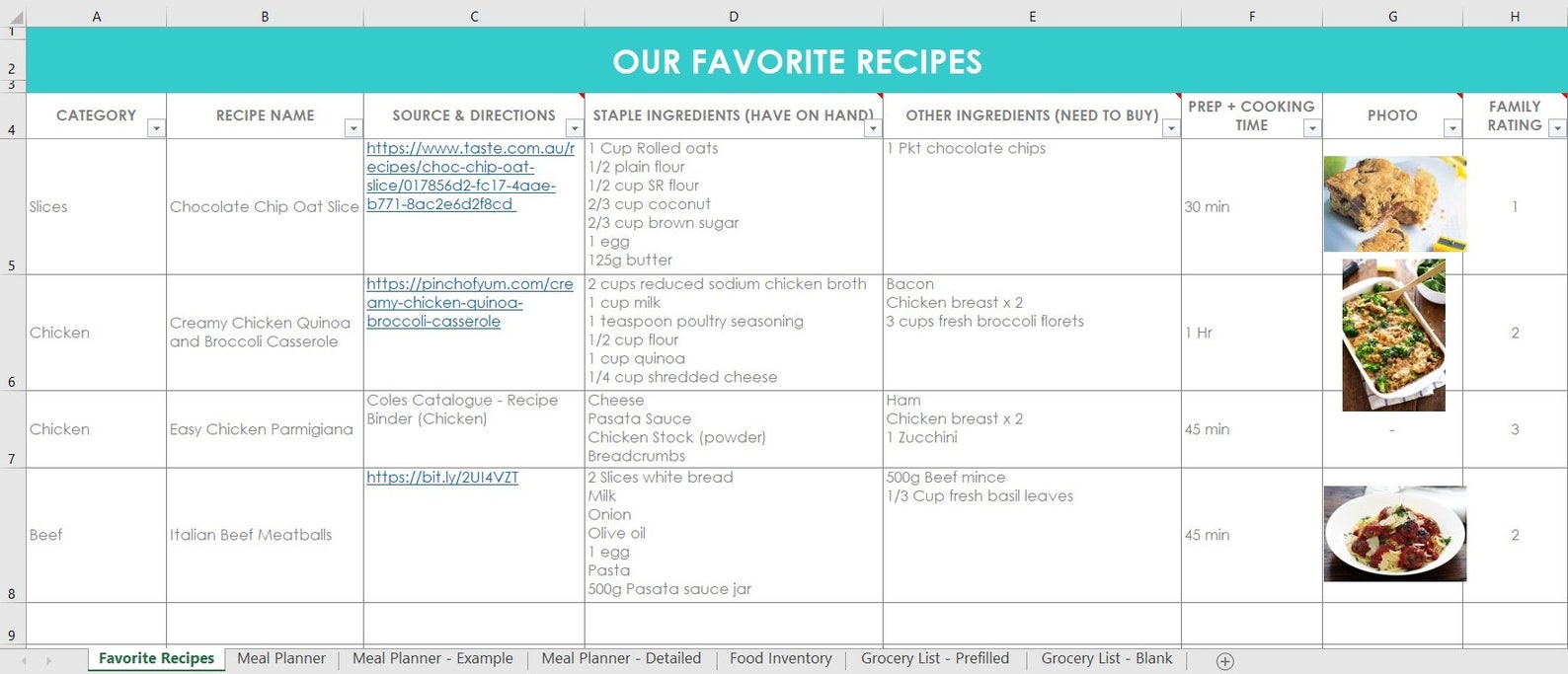 Meal Planning Excel Spreadsheets Grocery List Food Inventory Favorite ...