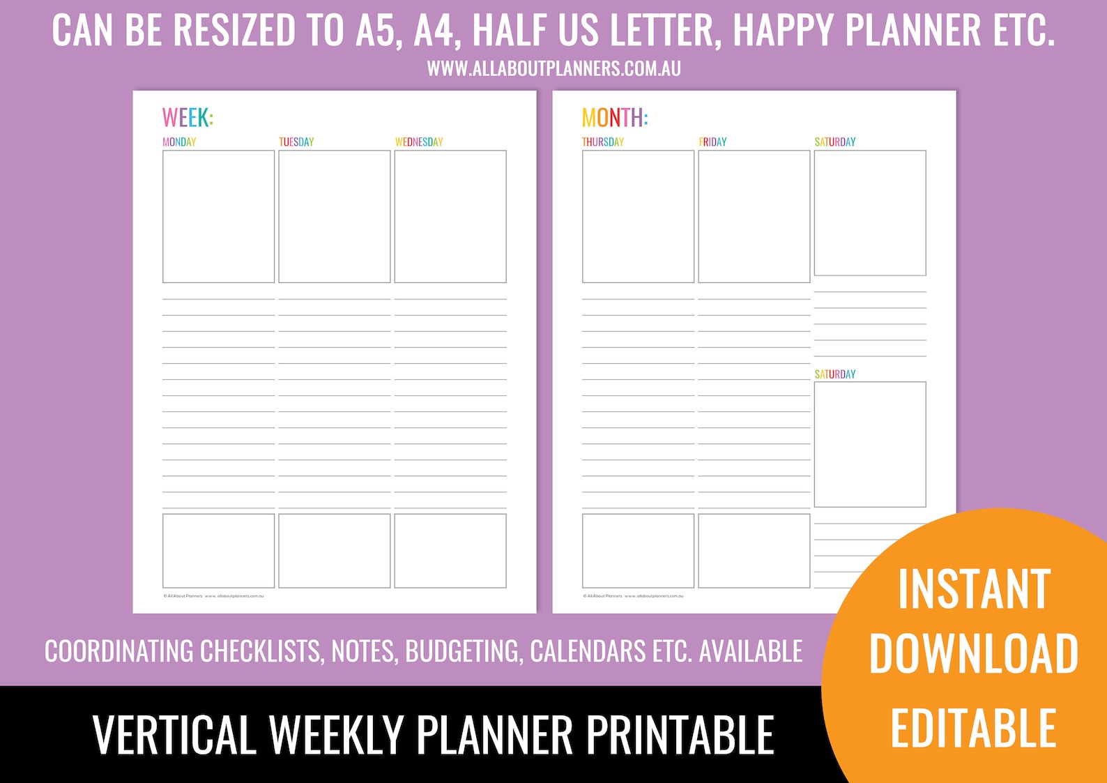 Vertical Weekly Planner Printable 2 Page Spread Insert Editable Refill ...