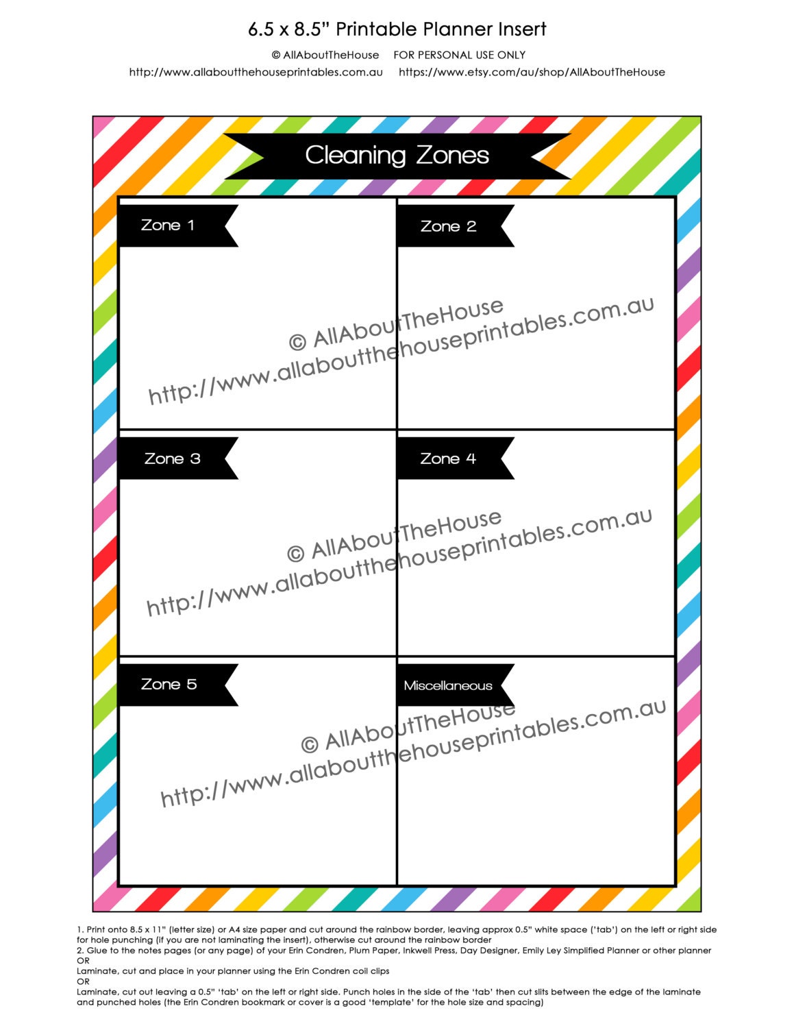 Planner Insert Cleaning Zones Schedule Printable Rainbow 6.5 x | Etsy