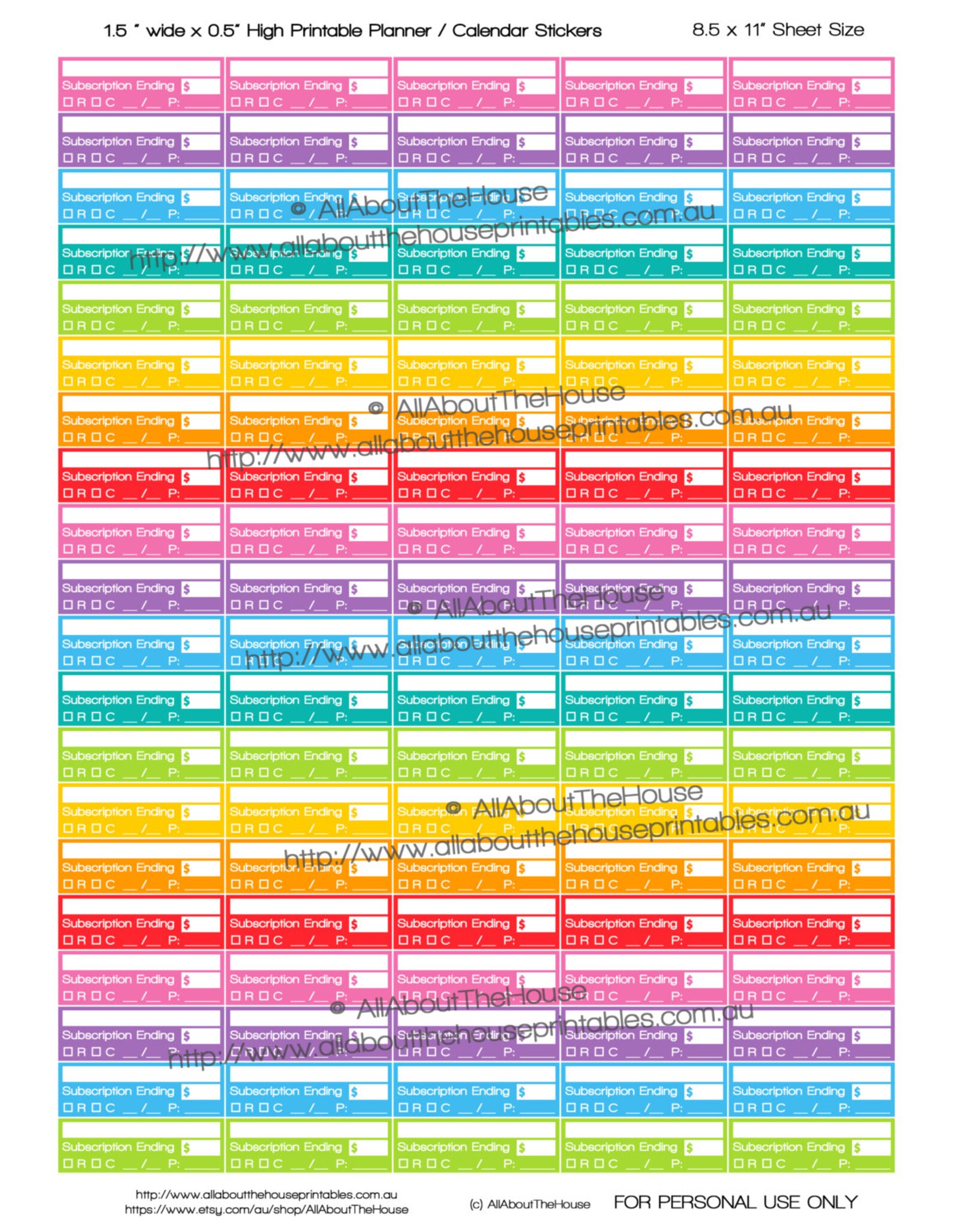 Subscription Reminder Printable Planner Stickers 1.5w X 0.5h Tracker ...