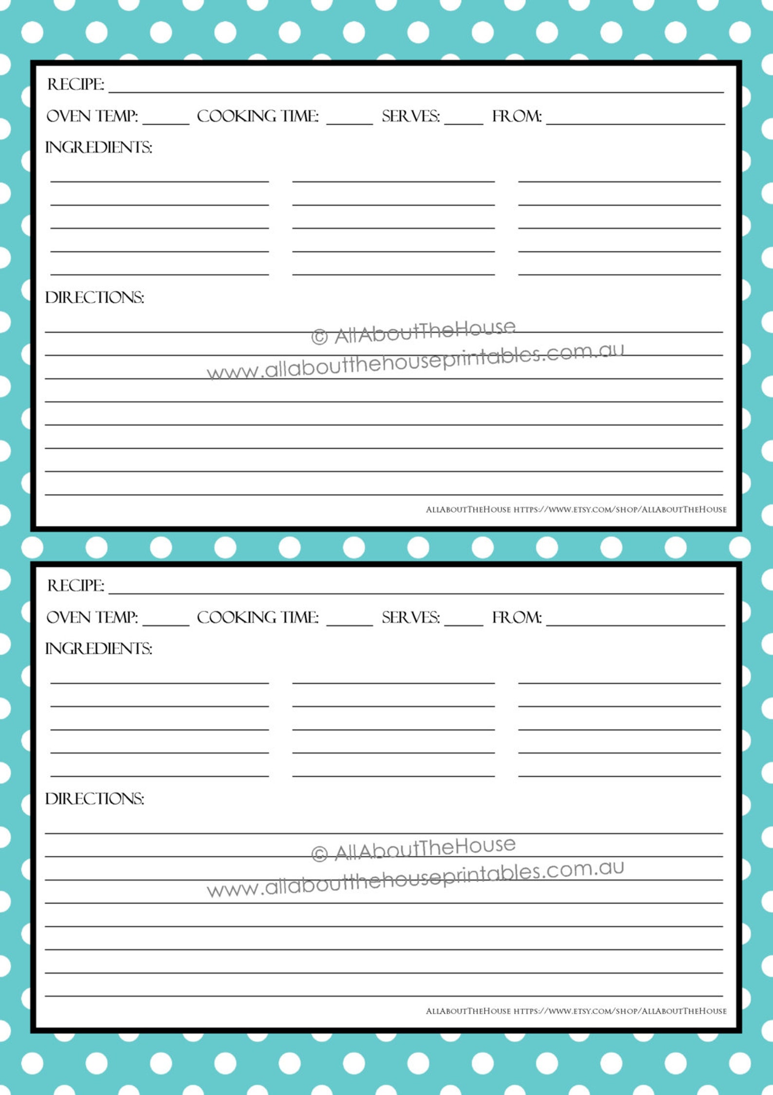 EDITABLE Recipe Card Recipe Sheet Printable Editable PDF Polka Dot Blue ...