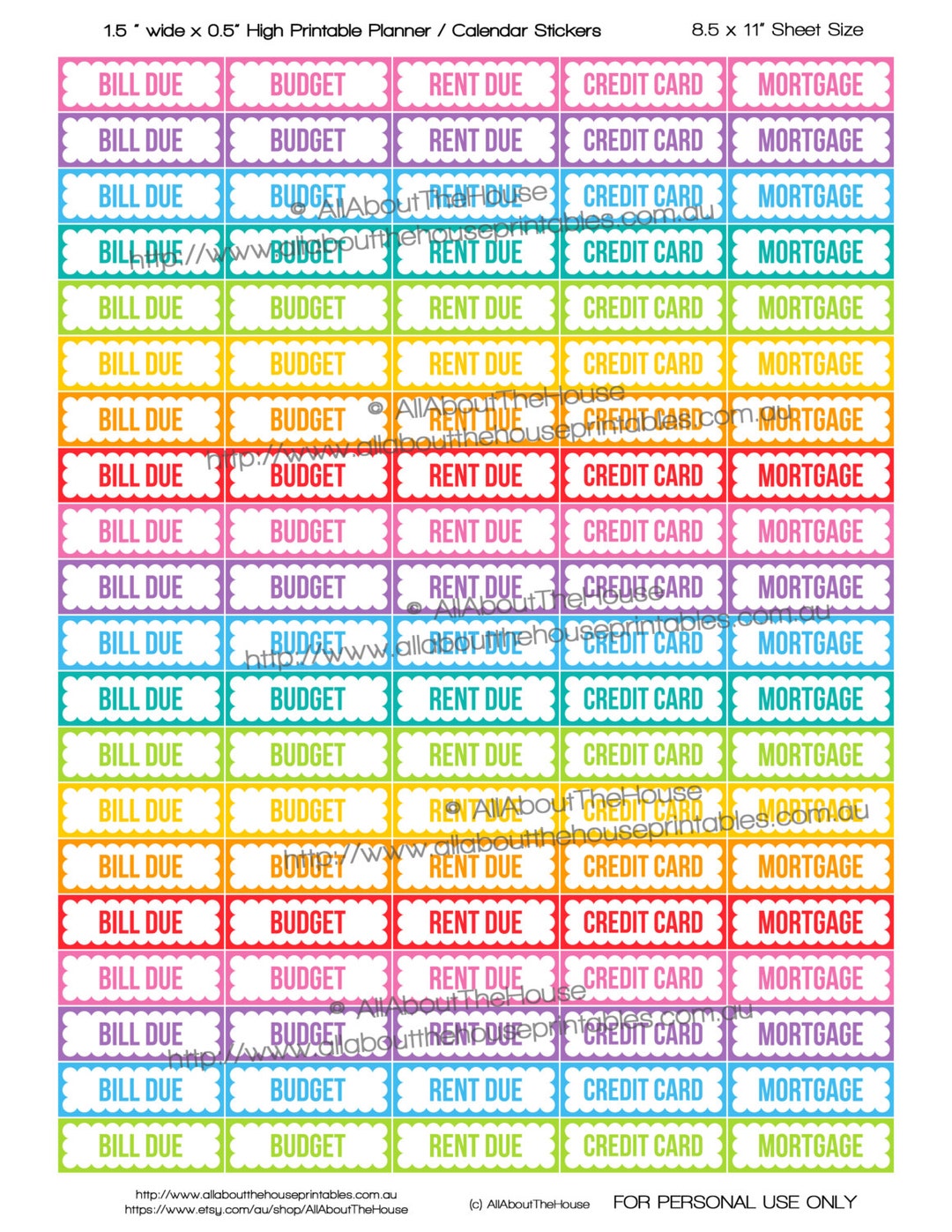 Money Stickers Planner Printable Bill Due, Budget, Credit Card, Rent ...