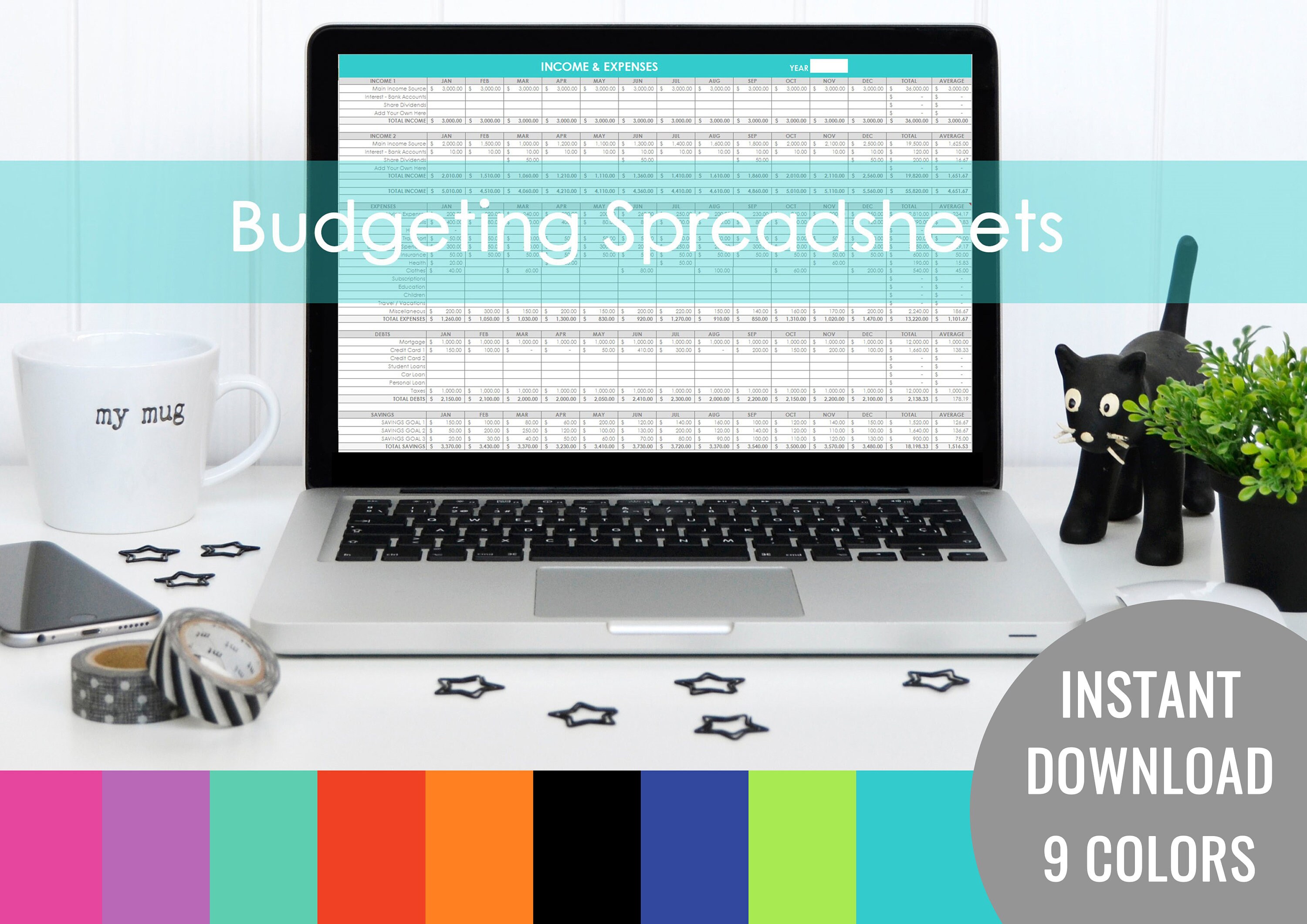 ALL 9 COLORS Budgeting Spreadsheets Excel Income Expenses Tracking ...
