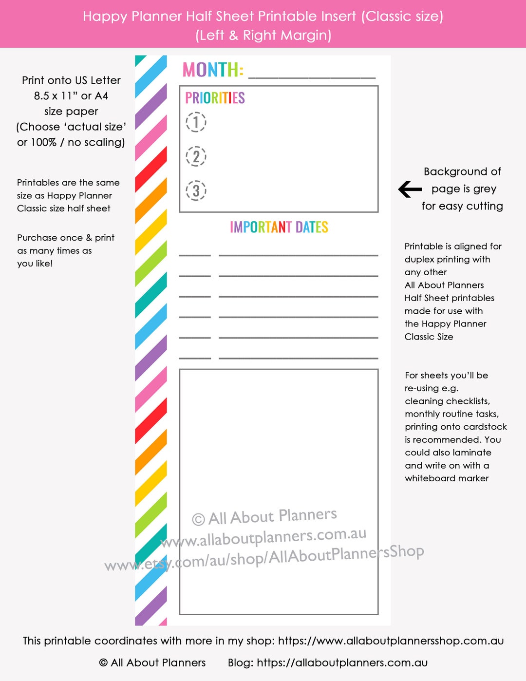 Monthly Planner Happy Planner Half Sheet Goals to Do Tasks Checklist ...