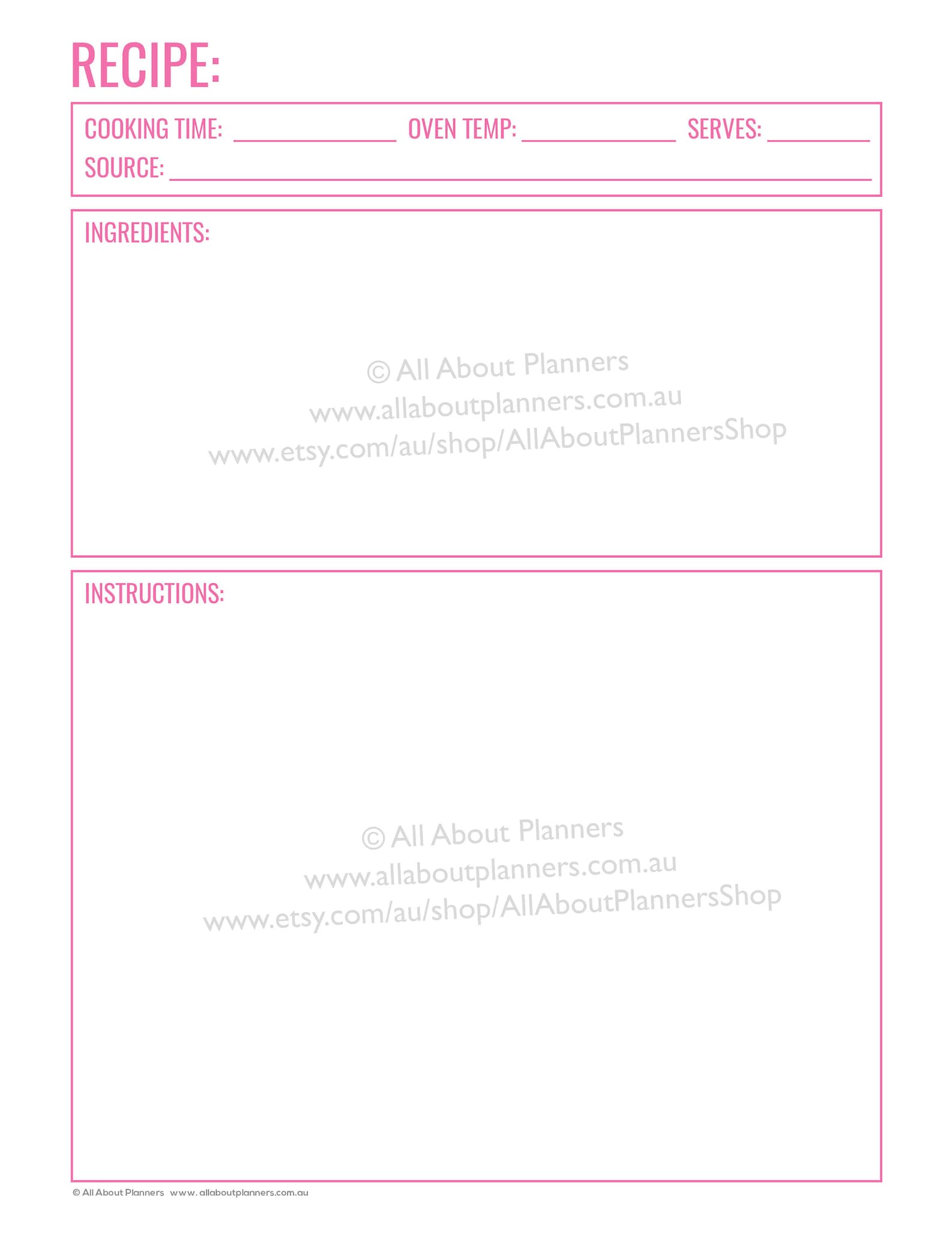 EDITABLE Printable Recipe Card, Template, Pdf, Sheet, Recipe Page ...