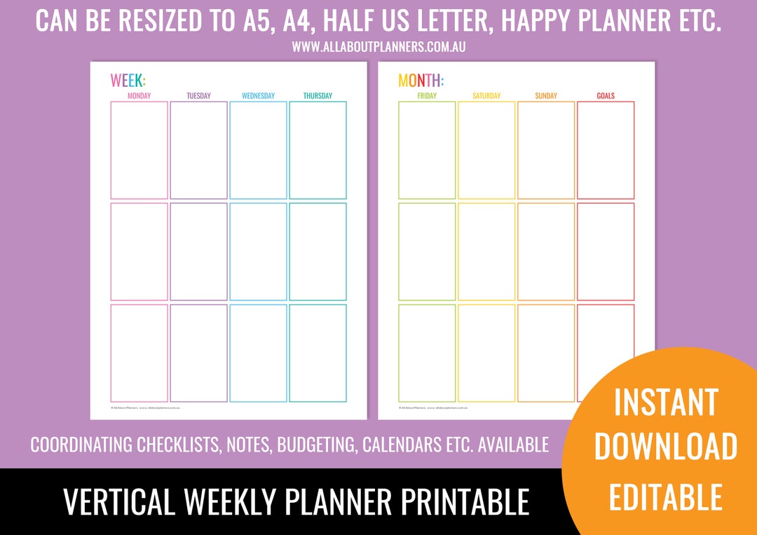 Weekly Planner Printable Vertical Editable 2 Page Rainbow Undated ...