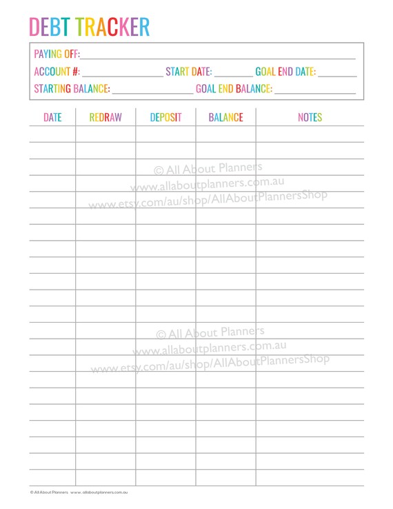 Debt Tracker Printable Editable Insert Payments Expenses Spending 