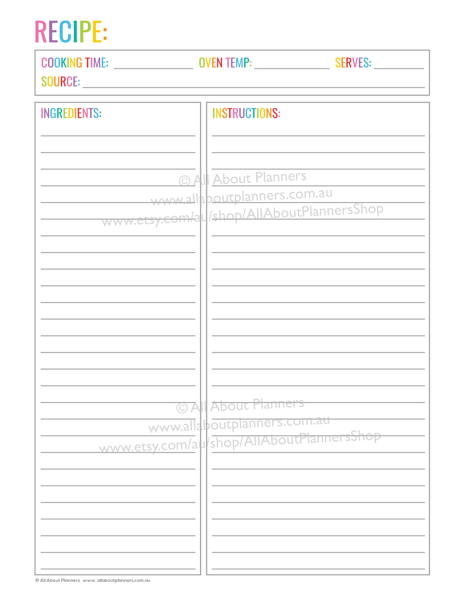 EDITABLE Printable Recipe Card, Template, Pdf, Sheet, Recipe Page ...