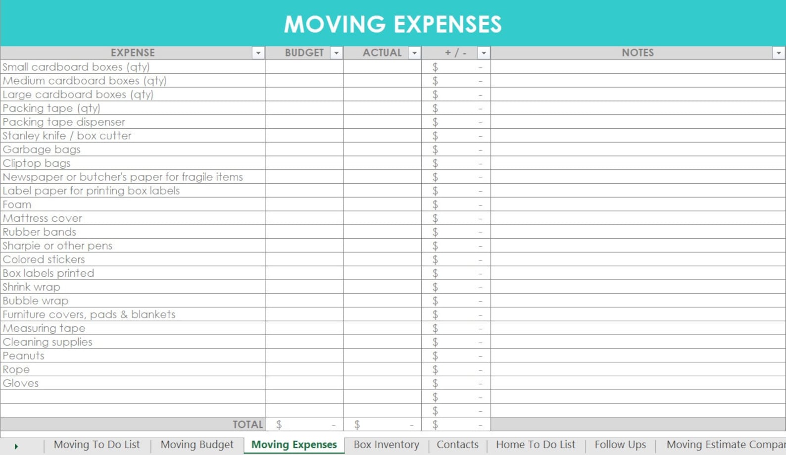 Moving Spreadsheet Planner Checklist Box Labels Budget Change - Etsy ...