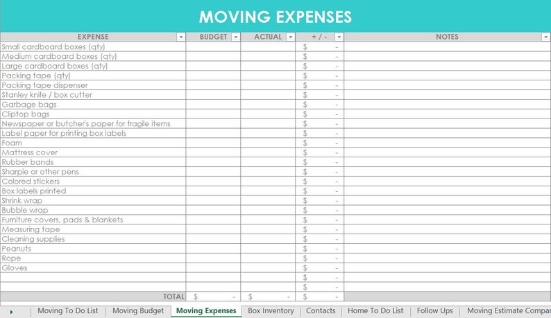 Moving Spreadsheet Planner Checklist Box Labels Budget Change Etsy