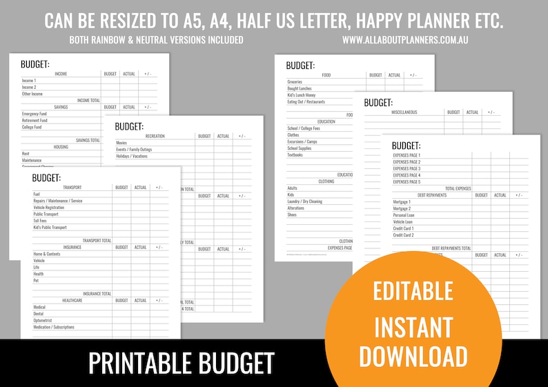 Budget Printable Editable Insert Template Planner Refill | Etsy