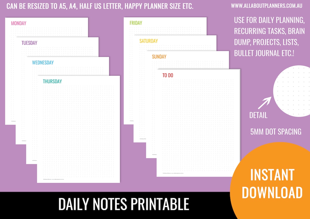Daily Notes Dot Grid Printable Insert Refill Bullet Journal 5mm Spacing ...