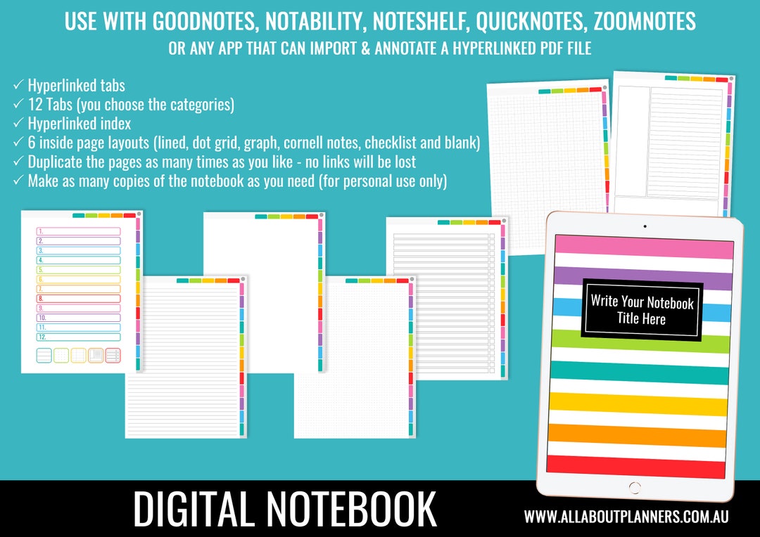 Goodnotes Digital Notebook 12 Subject Tabs Hyperlinked Rainbow Dot Grid ...