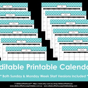 EDITABLE Polka Dot Calendars You Choose 2017 2018 Etc - Etsy Australia