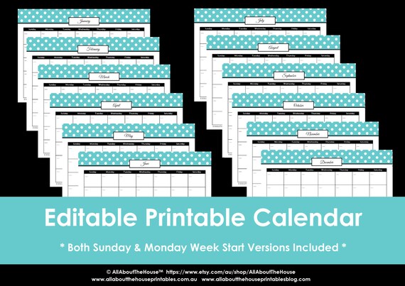 EDITABLE polka dot calendars You Choose 2017 2018 etc | Etsy