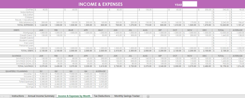 ALL 9 COLORS Budgeting Spreadsheets Excel Income Expenses - Etsy