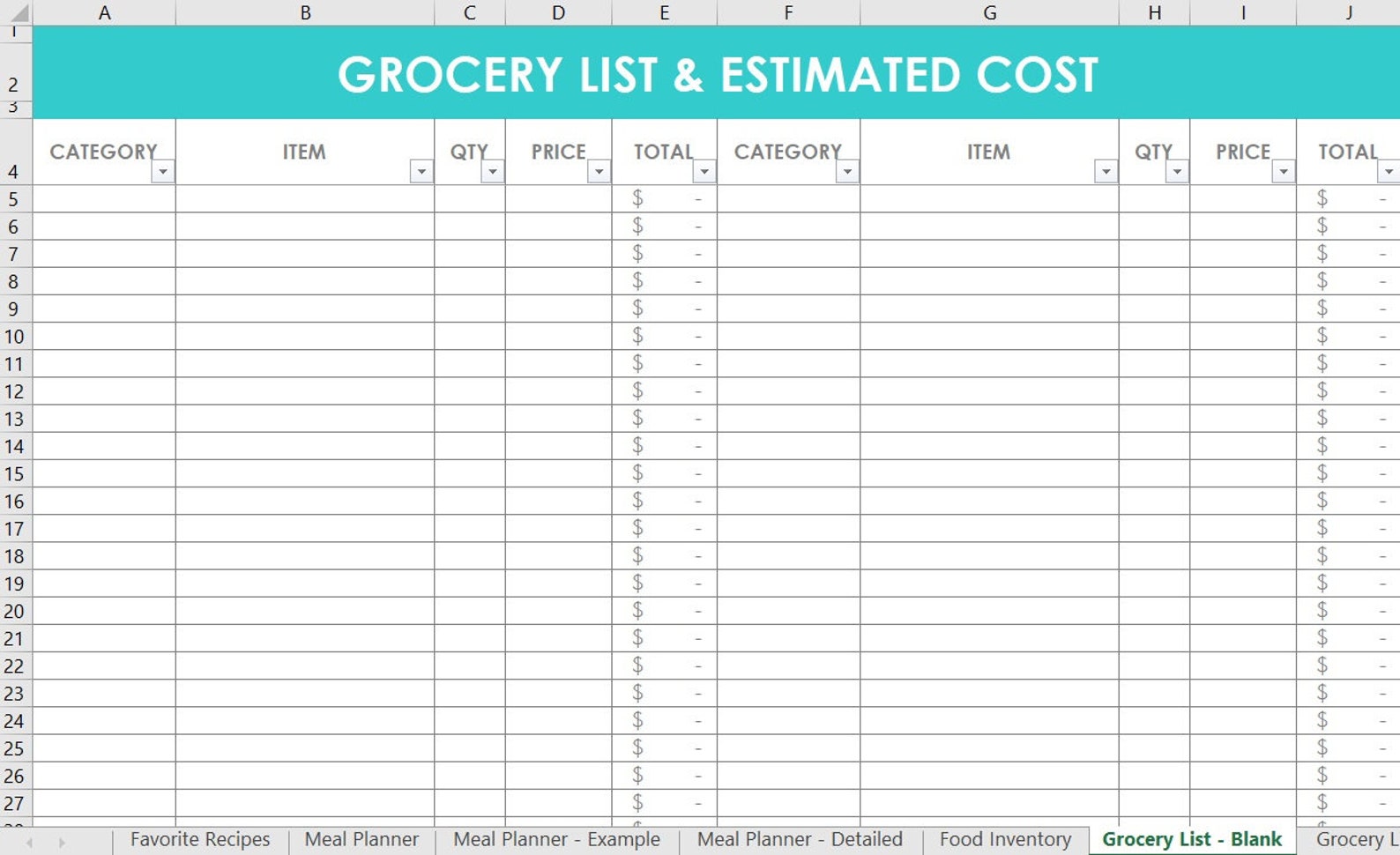 Meal Planning Excel Spreadsheets Grocery List Food Inventory - Etsy ...