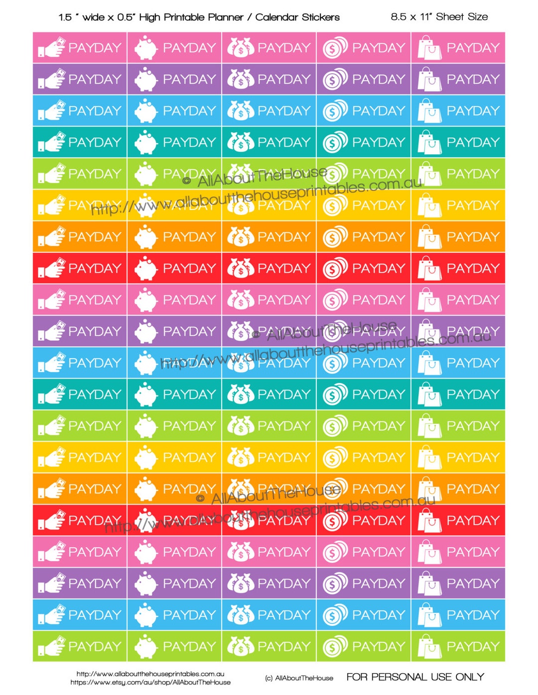 Payday Planner Stickers Printable Rainbow (v3) Quarter Dollar Money ...