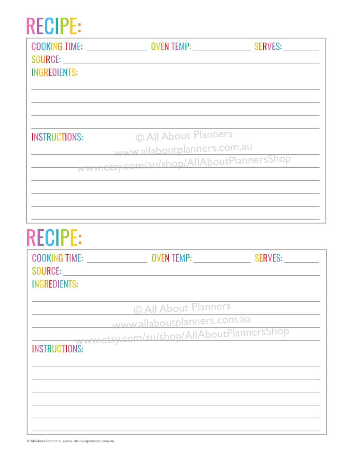 EDITABLE Printable Recipe Card Template Pdf Sheet Recipe | Etsy